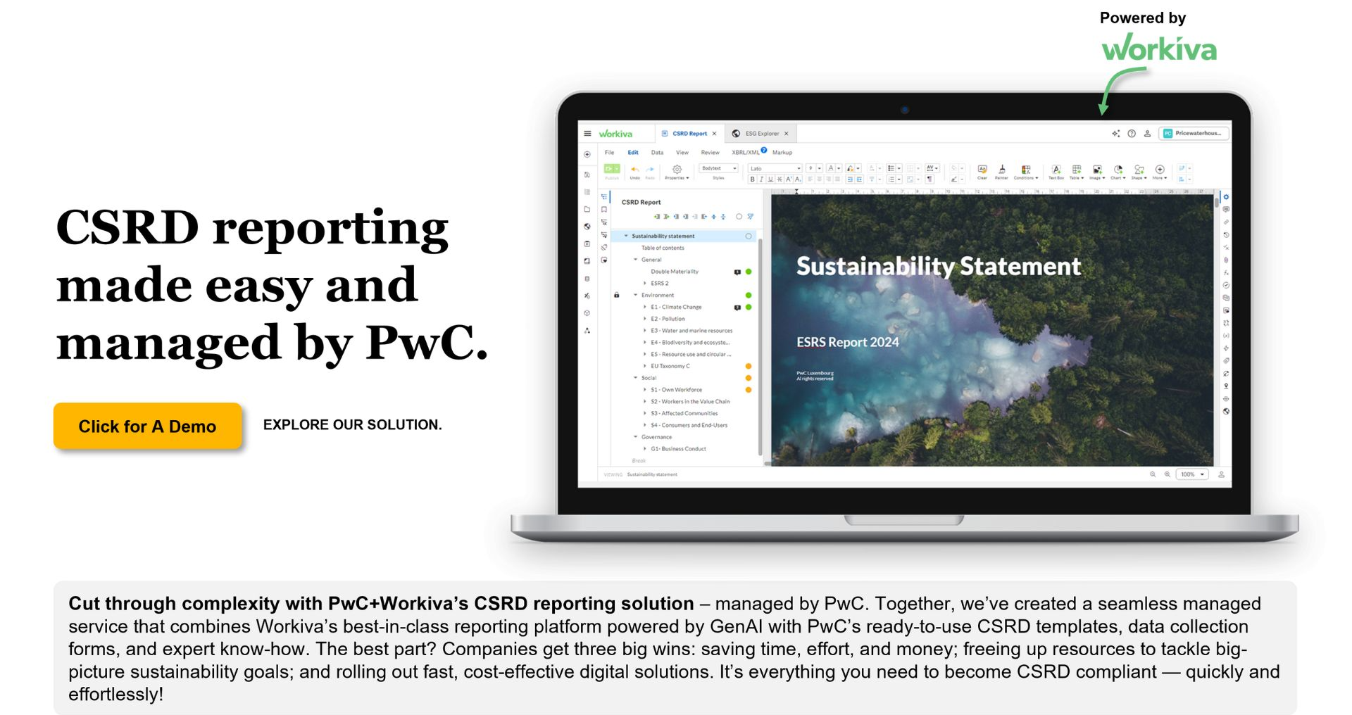 CSRD reporting made easy and managed by PwC.